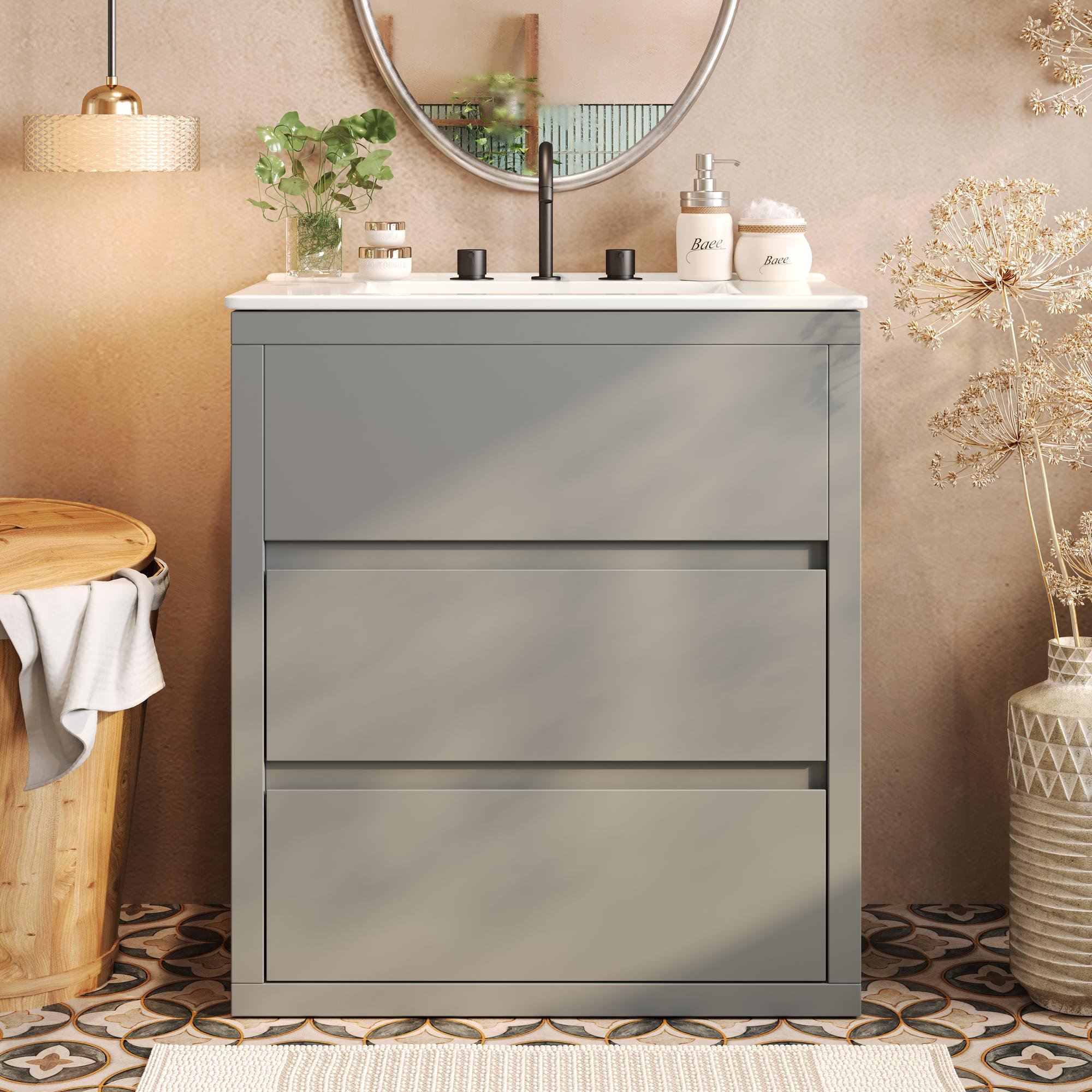 Wrought Studio 30" Bathroom Vanity with Ceramic Sink and 2 Full-Extension Drawers, Freestanding ...